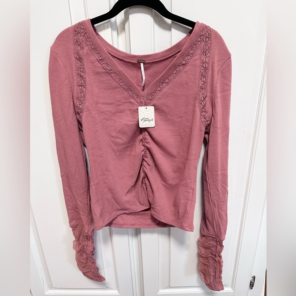 Free People | Tops | Free People Pink Scrunch Front Top With Lace Cuffs ...